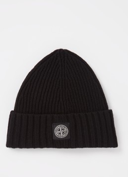 Stone Island N03Z3 Ribgebreide muts in kasjmierblend met logo • Zwart ...