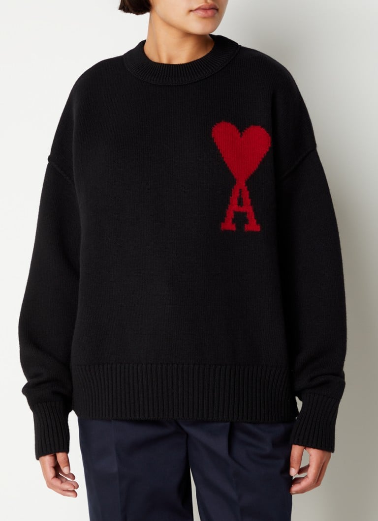 AMI Paris Fijngebreide pullover van wol met logoborduring • Zwart • de ...