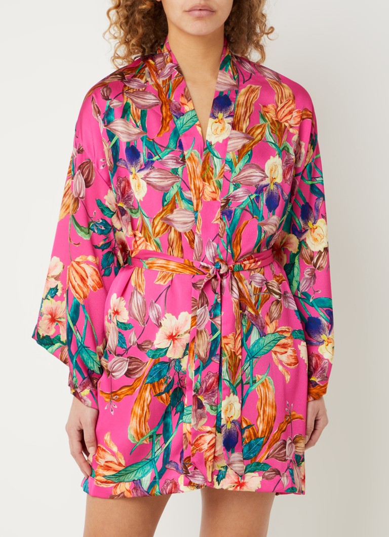 Aubade Sweet Folk kimono van satijn met bloemenprint • Fuchsia • de ...
