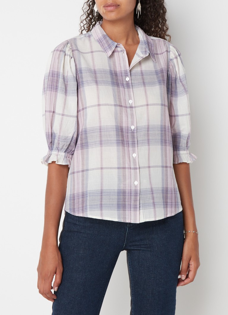Ba&sh Celeste blouse met pofmouw en ruitdessin • Paars • de Bijenkorf
