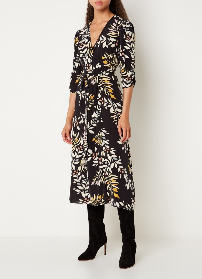 Ba&sh Crissy midi wikkeljurk met pofmouw en bladprint • Zwart • de ...