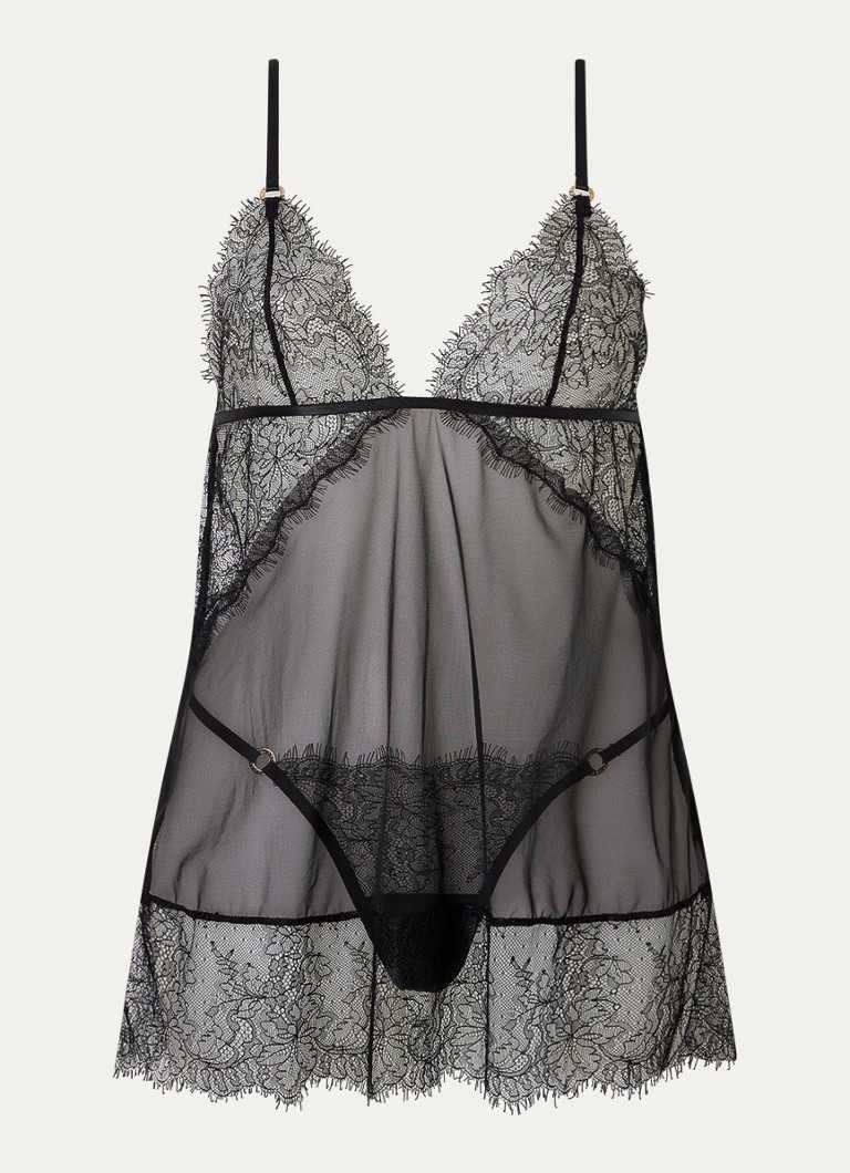 Bluebella Peony babydoll set van mesh met string • Zwart • de Bijenkorf