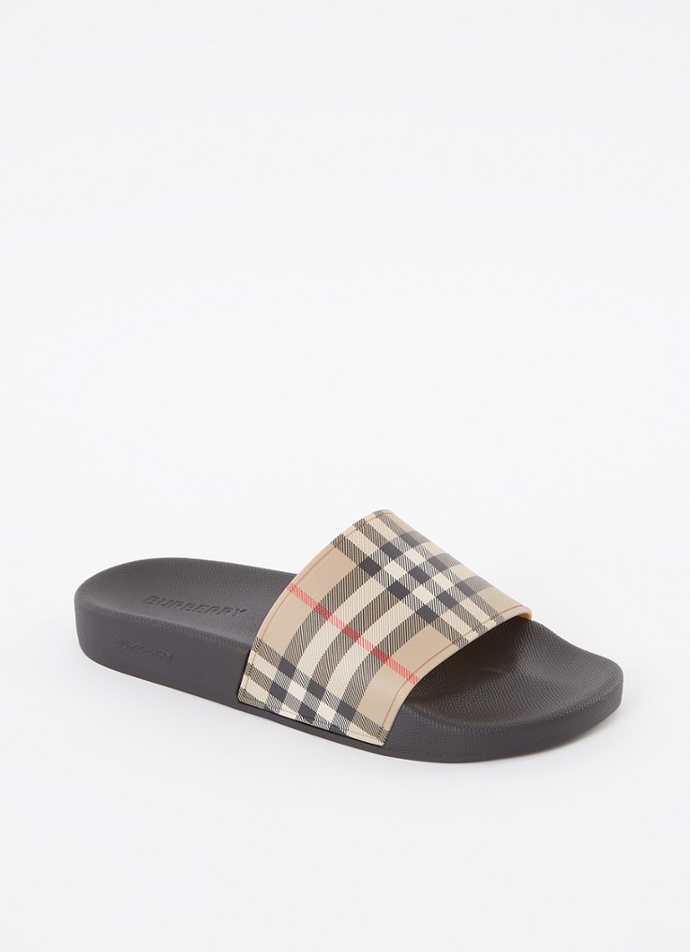 BURBERRY Furley slipper met ruitdessin • Beige • de Bijenkorf