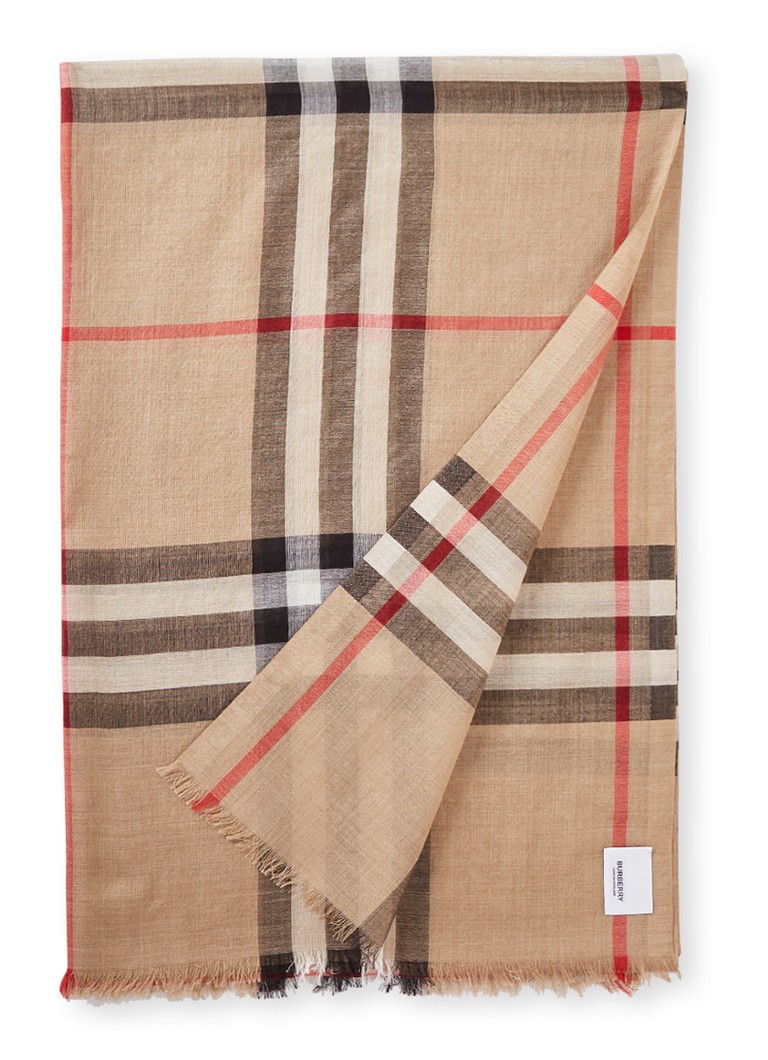 Burberry Giant Gauze Check sjaal in zijdeblend 220 x 75 cm • Camel • de Bijenkorf