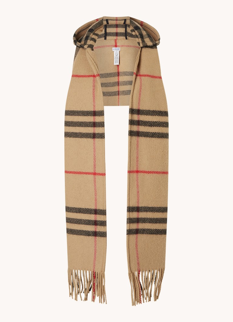 Burberry Sjaal in kasjmierblend met ruitdessin en capuchon 210 x 30 cm • Beige • de Bijenkorf