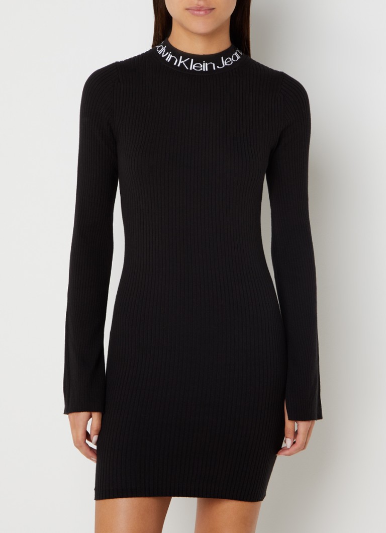 Calvin Klein Intarsia ribgebreide mini jurk met logoband • Zwart • de Bijenkorf