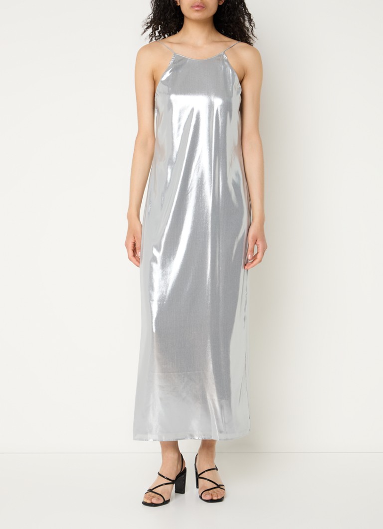 Calvin Klein Maxi jurk met rugdecolleté en metallic finish • Zilver ...