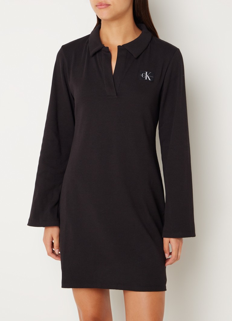 Calvin Klein Mini jurk met kraag en ribstructuur • Zwart • de Bijenkorf