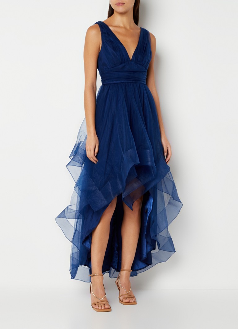 Chi Chi London Auri midi jurk met V-hals en tule • Blauw • de Bijenkorf