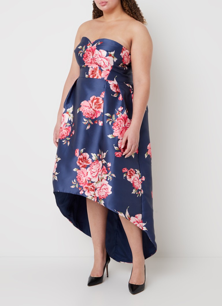 Chi Chi London Strapless midi jurk met bloemenprint • Donkerblauw • de ...
