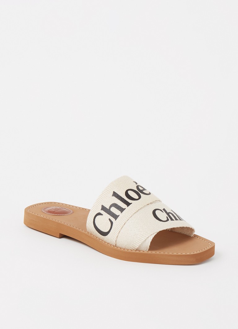 Chloé Woody slipper van canvas met logo • Beige • de Bijenkorf