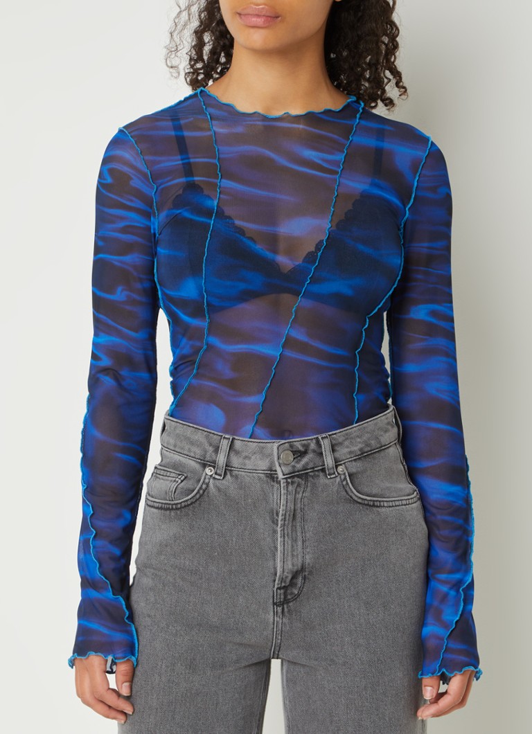 Envii Semi-transparante top van mesh met print • Royalblauw • de Bijenkorf