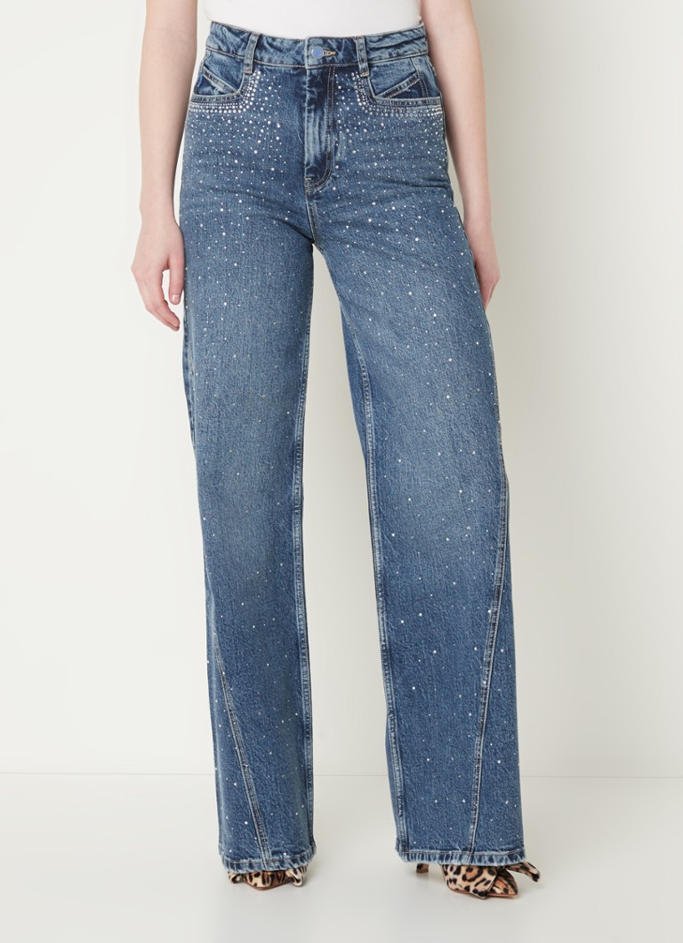 Fabienne Chapot Bonnie high waist wide leg jeans met strass • Indigo ...