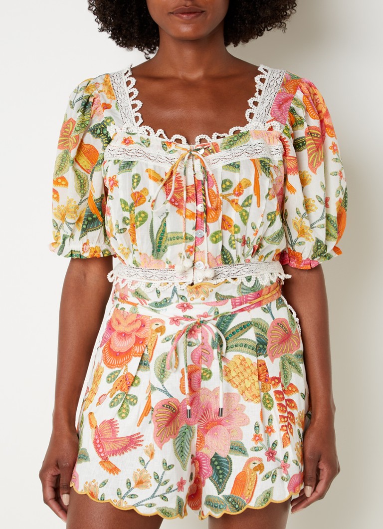 Farm Rio Crop top met tropische print en broderie • Creme • de Bijenkorf
