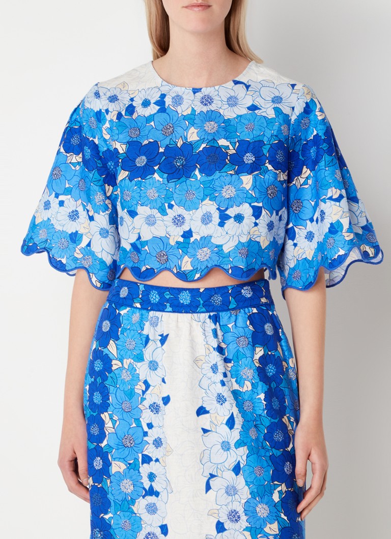 FARM Rio Flower Stripes crop top van linnen met bloemenprint • Blauw ...