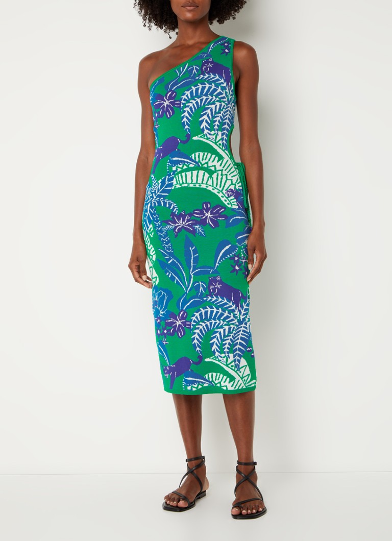 Farm Rio Jungle Panther one shoulder fijngebreide midi jurk met ...