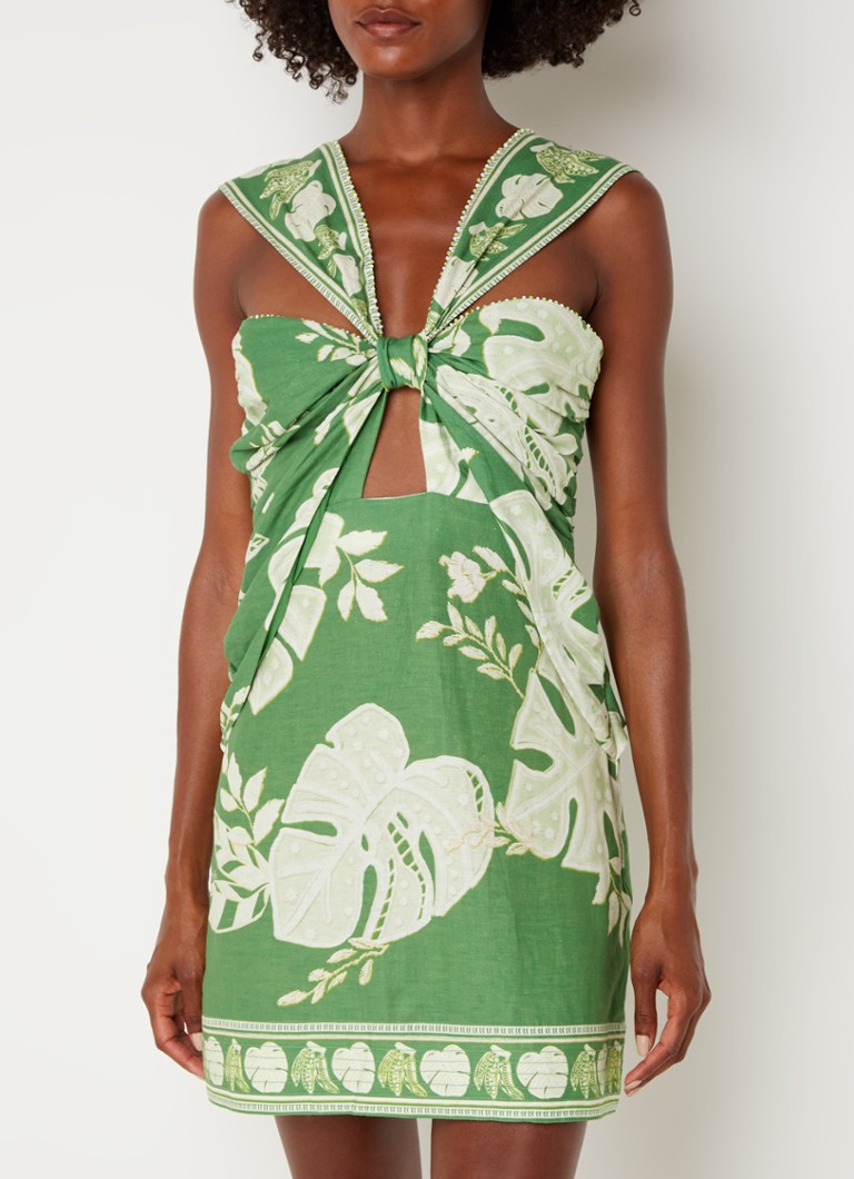 Farm Rio Lace Monsteras mini jurk in linnenblend met strikdetail ...
