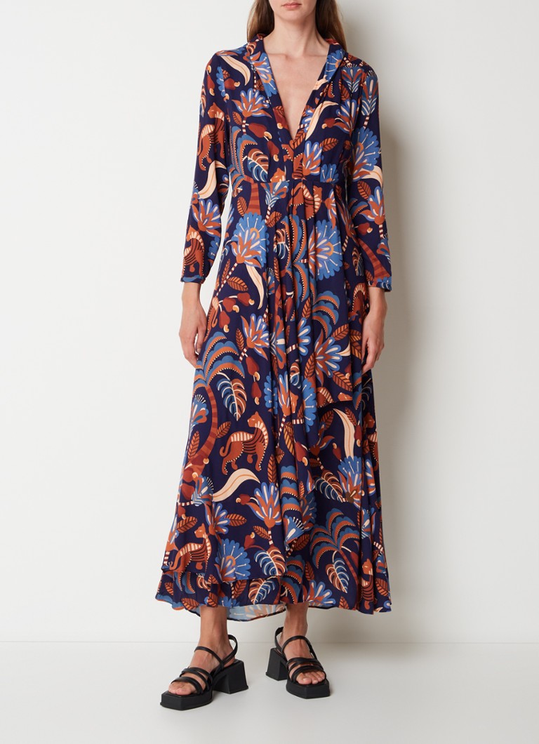 Farm Rio Maxi A-lijn jurk met bloemenprint en plooidetail • Blauw • de ...