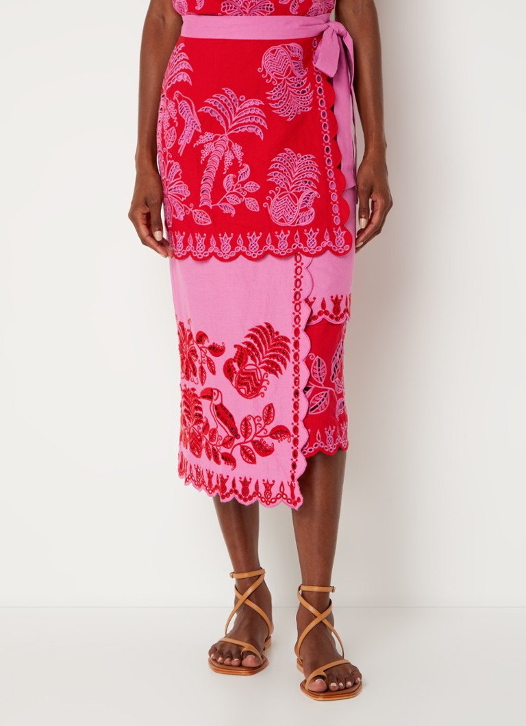Farm Rio Palm Tree maxi wikkelrok in linnenblend met broderie • Roze ...