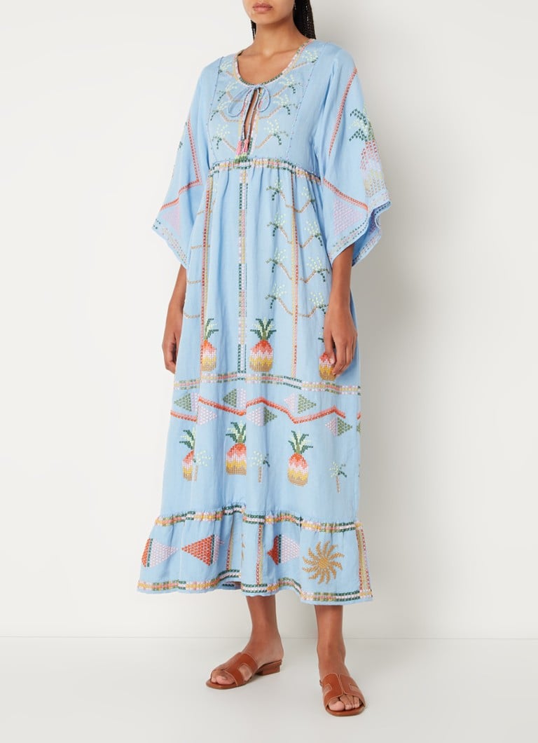 Farm Rio Pineapple maxi jurk in linnenblend met borduring • Lichtblauw ...