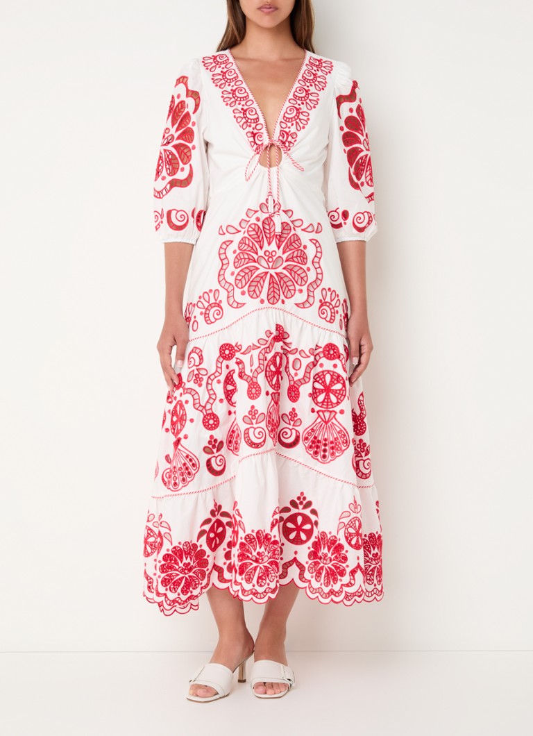 Farm Rio Richelieu midi jurk met broderie en V-hals • Rood • de Bijenkorf