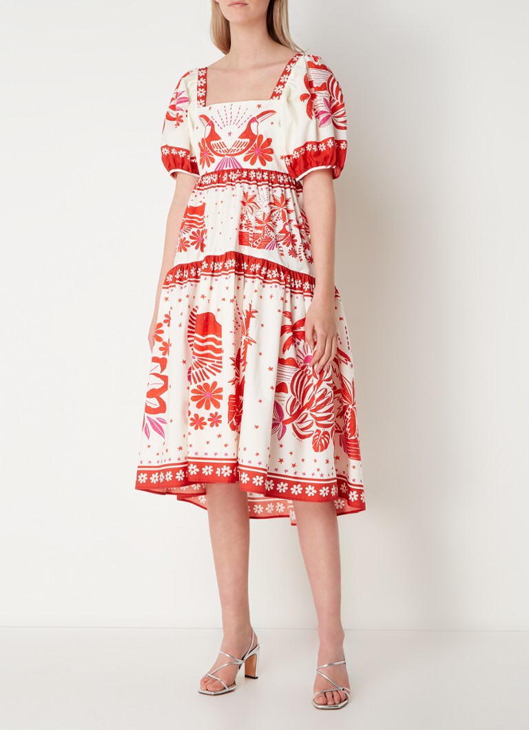 FARM Rio Rio Tiles midi jurk met smockwerk en bloemenprint • Gebroken ...