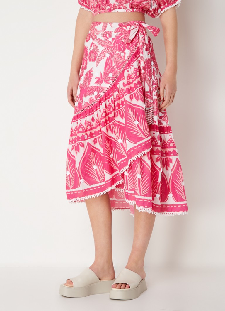 FARM Rio Tropical Woodcut midi wikkelrok met borduring en print ...