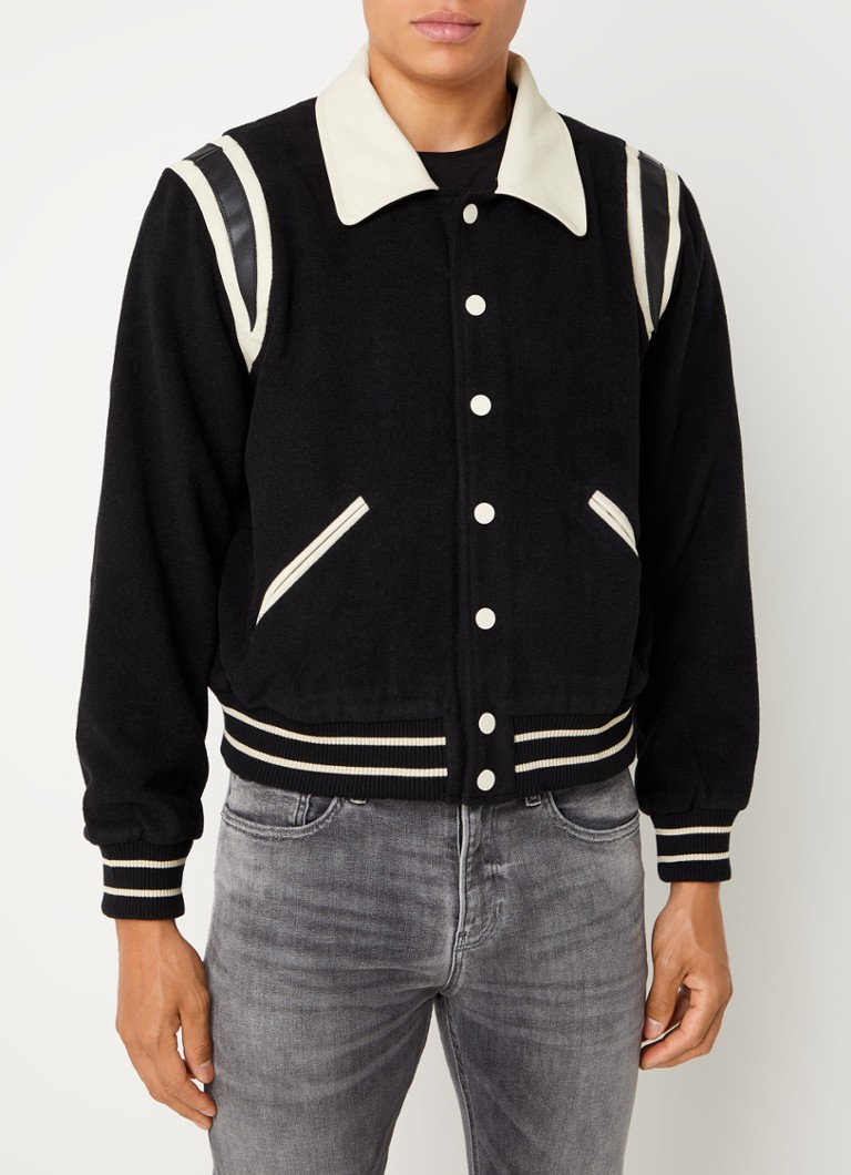 FLÂNEUR Teddy baseball jack in wolblend met inzet van leer • Zwart • de ...