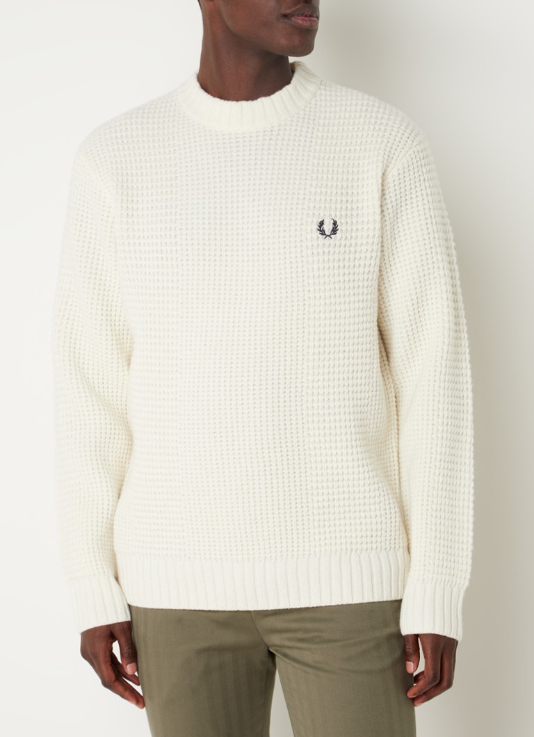 Fred Perry Grofgebreide pullover van wol met structuur • Gebroken wit ...