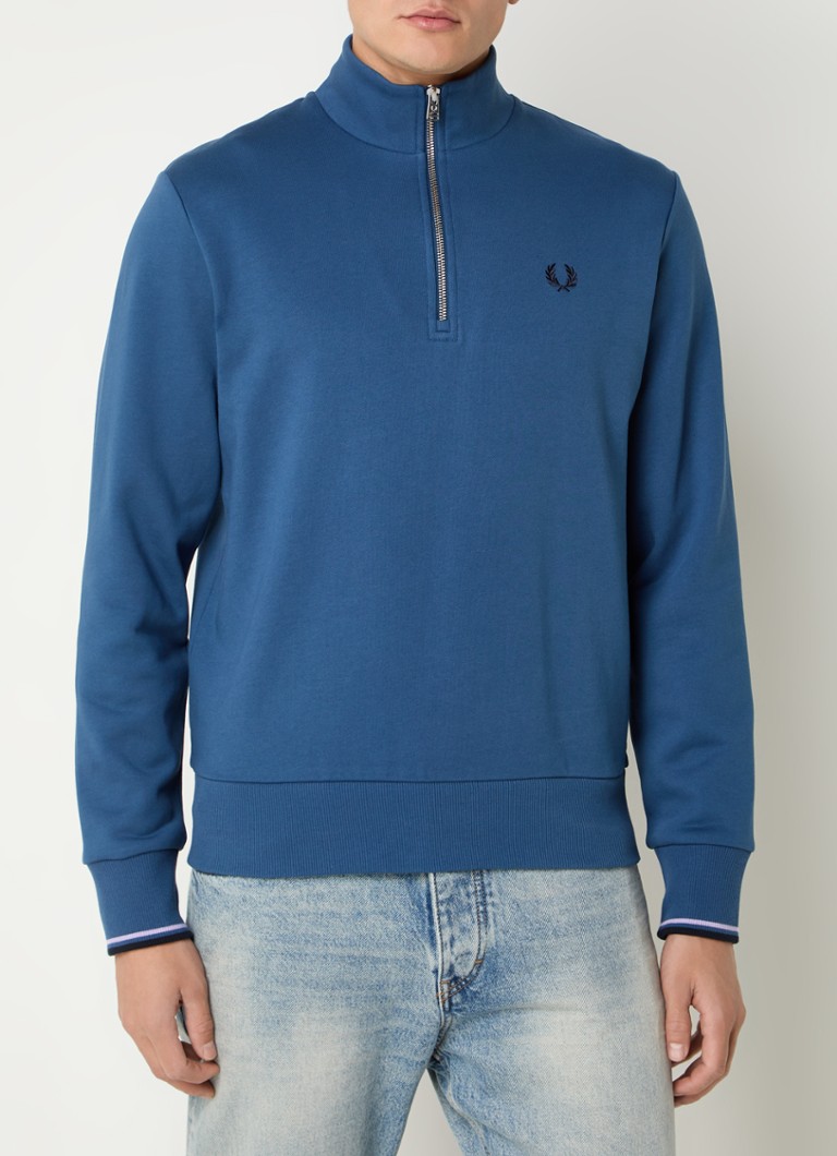 Fred Perry Sweater met halve rits en logoborduring • Petrol • de Bijenkorf