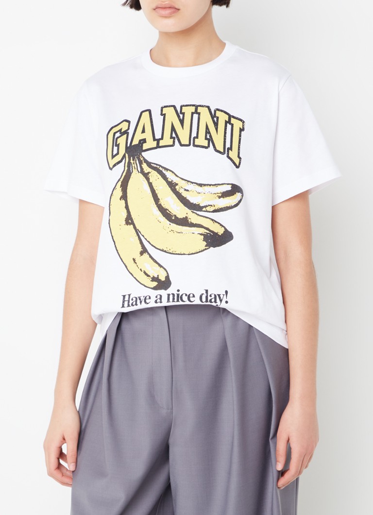 Ganni Banana T-shirt met logoprint • Wit • de Bijenkorf