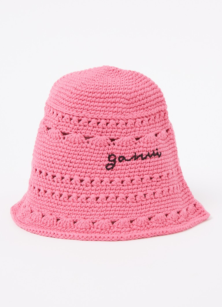 Ganni Bucket hoed van crochet met logo • Roze • de Bijenkorf