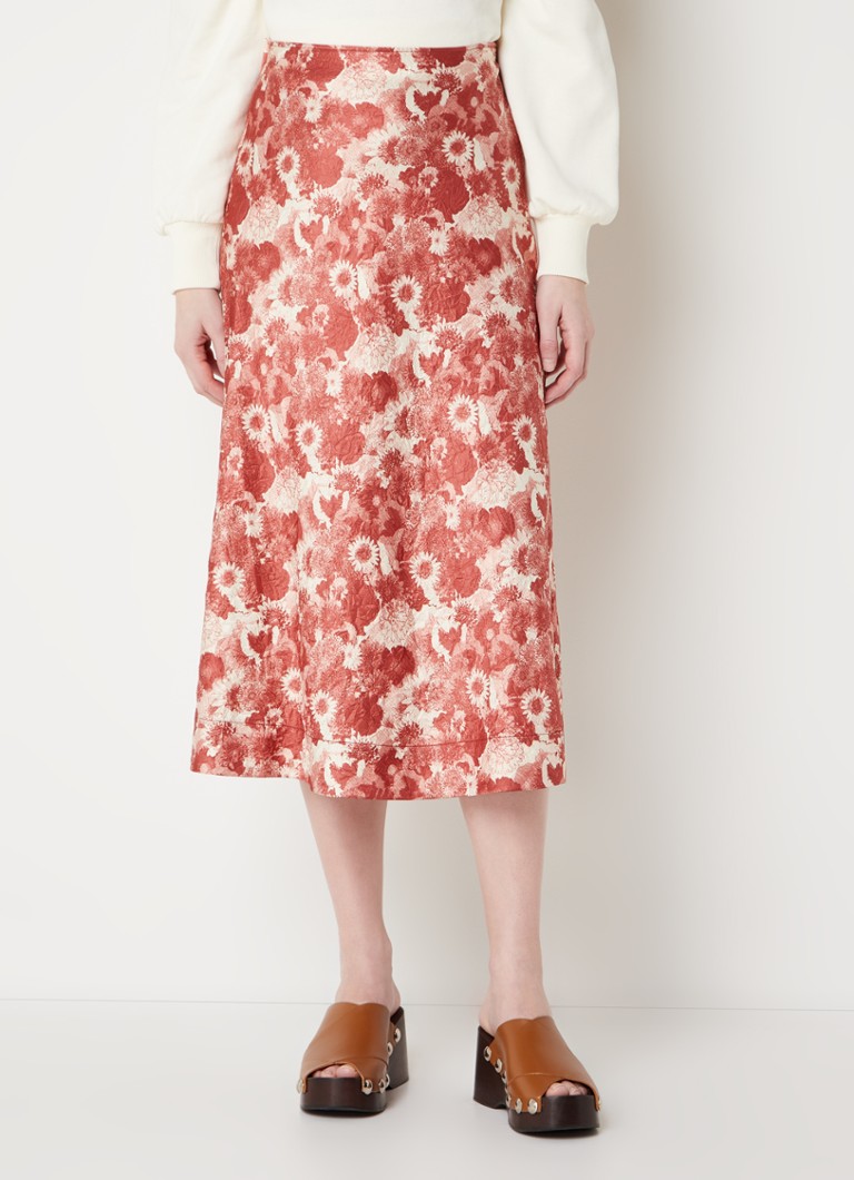 Ganni Crinkled A-lijn midirok van satijn met bloemenprint • Steenrood ...