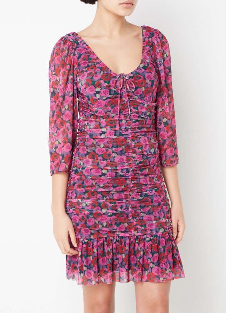 Ganni Fiji mini jurk van mesh met ruches en bloemenprint • Roze • de ...