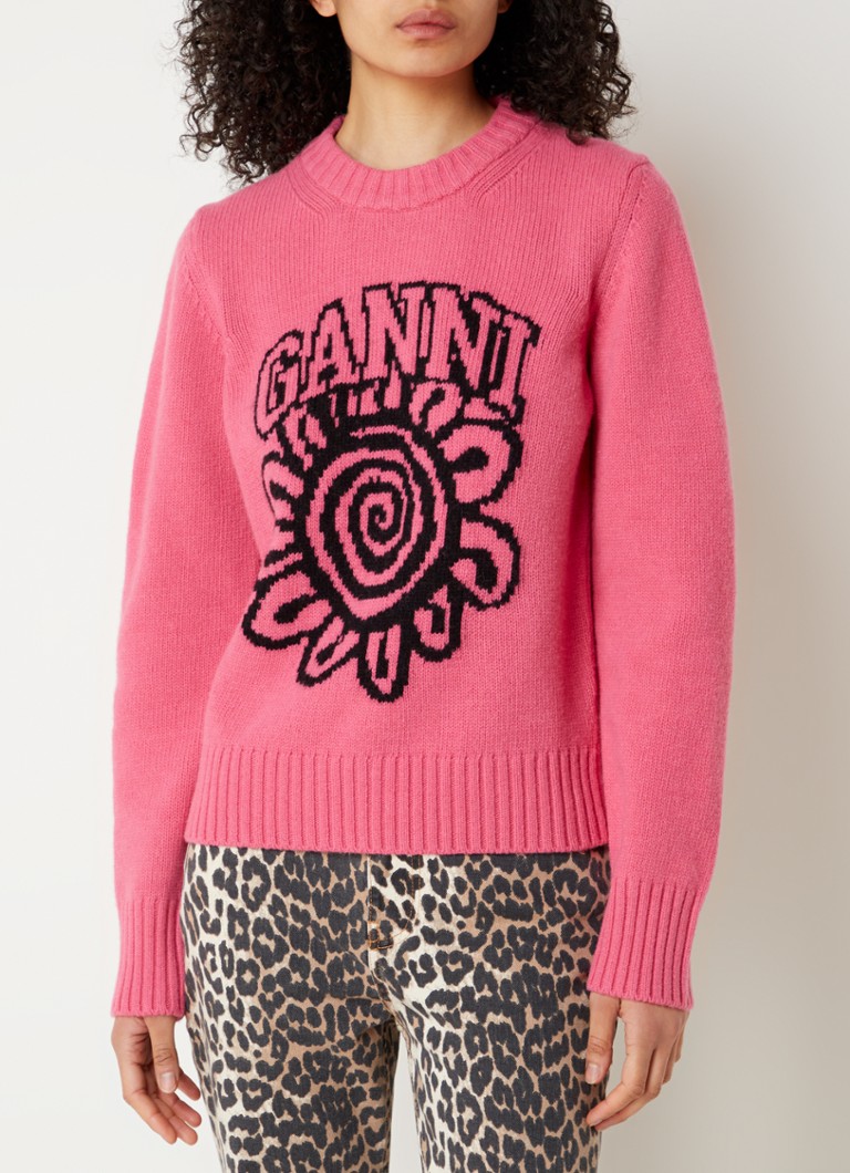 Ganni Grofgebreide trui in wolblend met ingebreid logo • Roze • de ...
