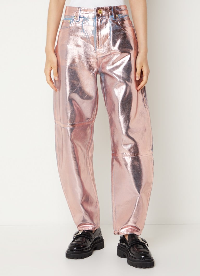Ganni High waist tapered fit jeans met metallic finish • Roze • de ...