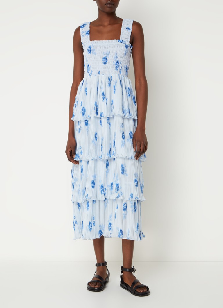 Ganni Midi jurk met bloemenprint en volant • Lichtblauw • de Bijenkorf