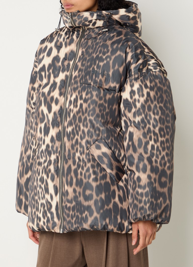 Ganni Puffer jack met donsvulling en panterprint • Lichtbruin • de ...