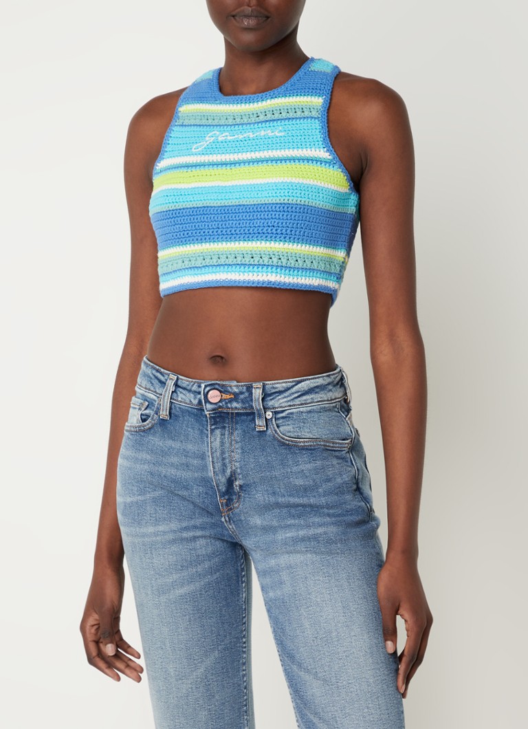 Ganni Racerback top van crochet met logo • Blauw • de Bijenkorf
