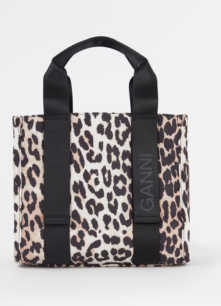 Ganni Recycled Tech Small Tote handtas met panterprint • Donkerbeige • de Bijenkorf