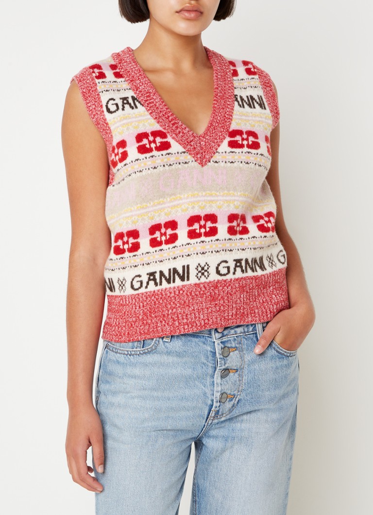 Ganni Spencer in wolblend met ingebreide logoprint • Rood • de Bijenkorf