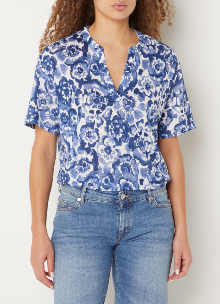 Gerard Darel Monia T-shirt van linnen met bloemenprint • Blauw • de ...