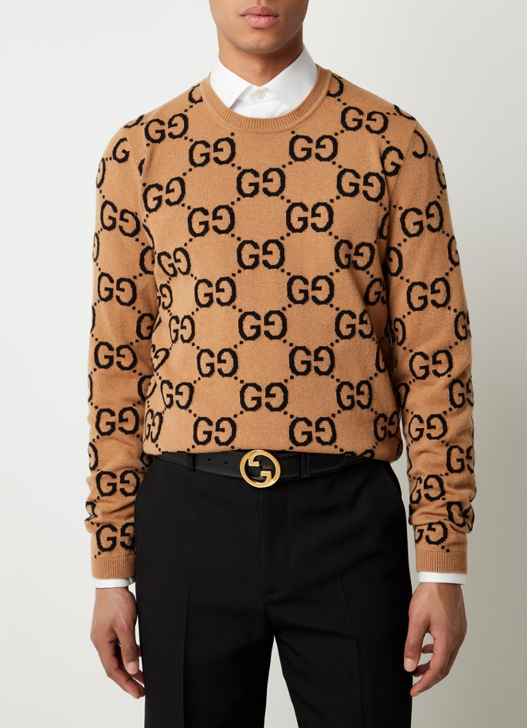 Gucci Fijngebreide pullover in wolblend met logoprint • Camel • de ...