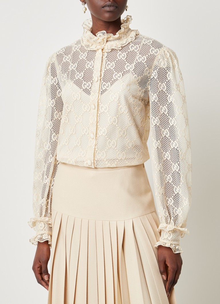 Gucci Semi-transparante blouse van kant • Donkerbeige • de Bijenkorf