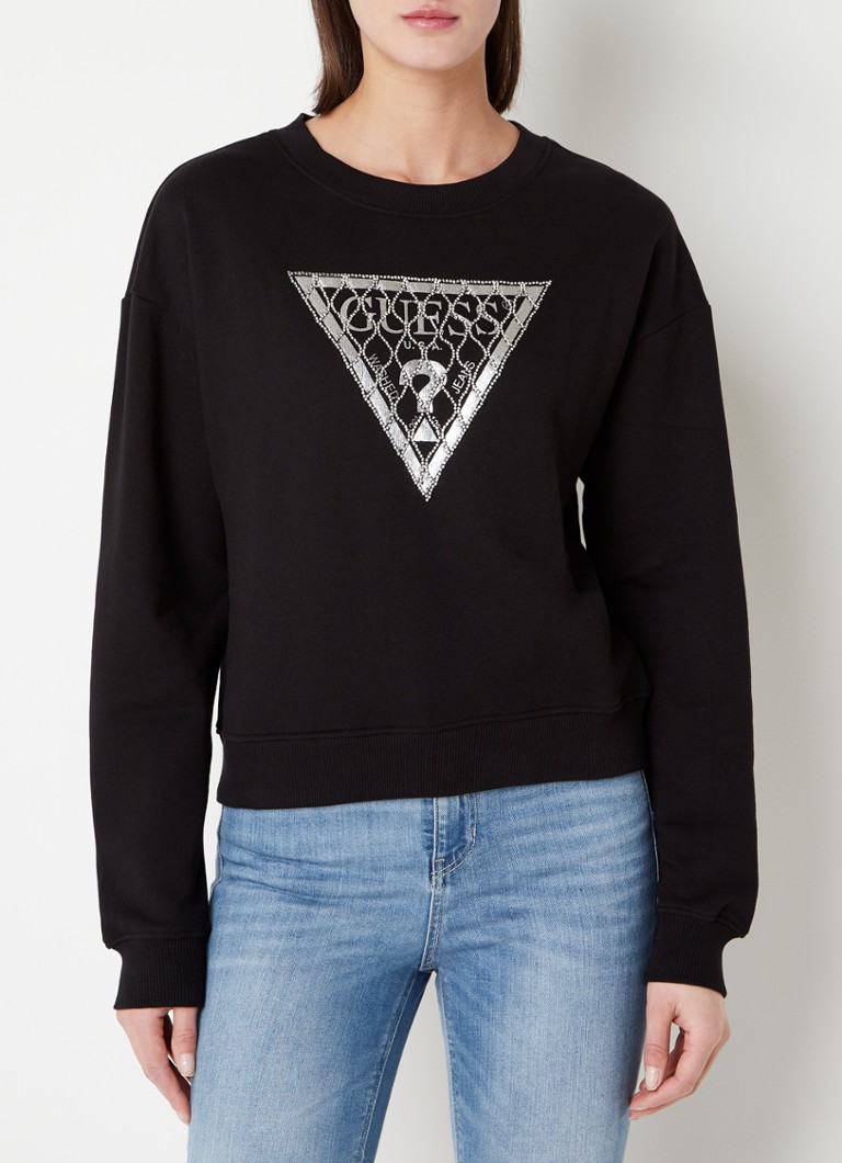 GUESS Sweater met logo en strass • Zwart • de Bijenkorf