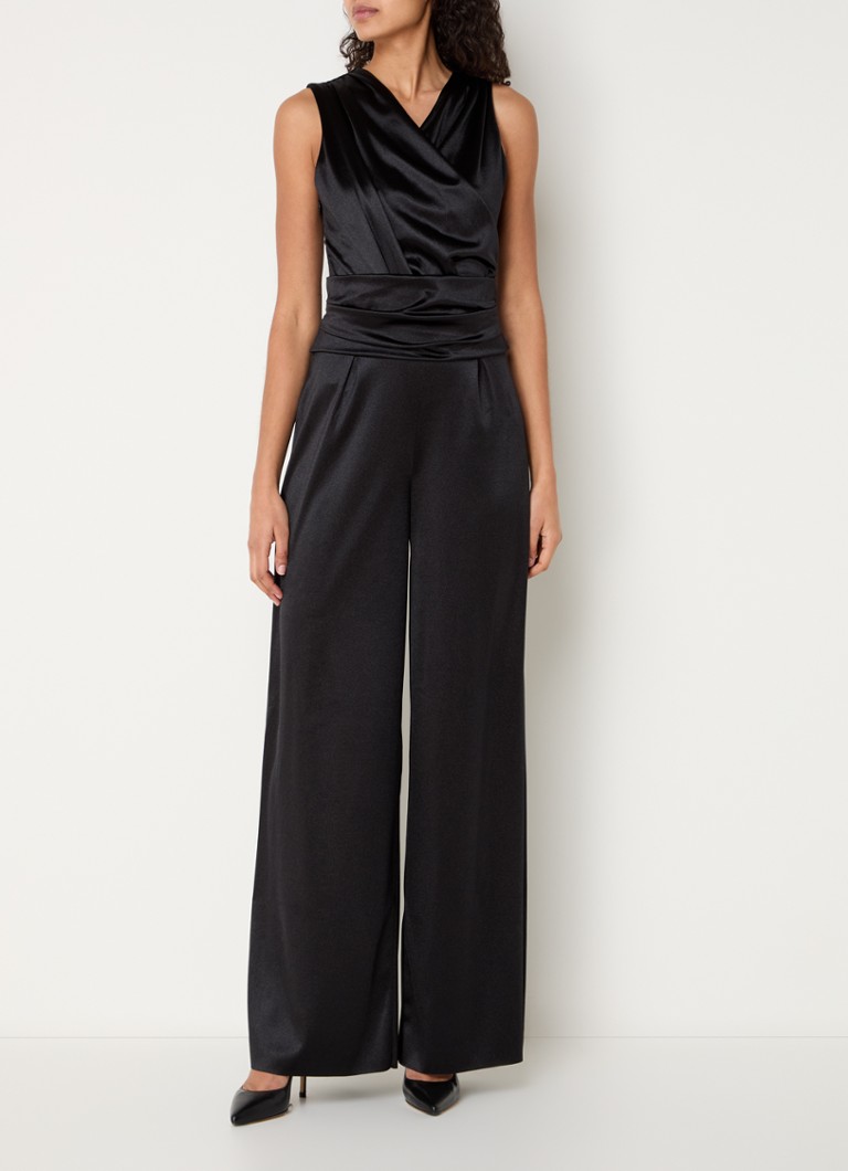 HUGO BOSS Eluvini wide fit jumpsuit van satijn met plooidetail • Zwart ...
