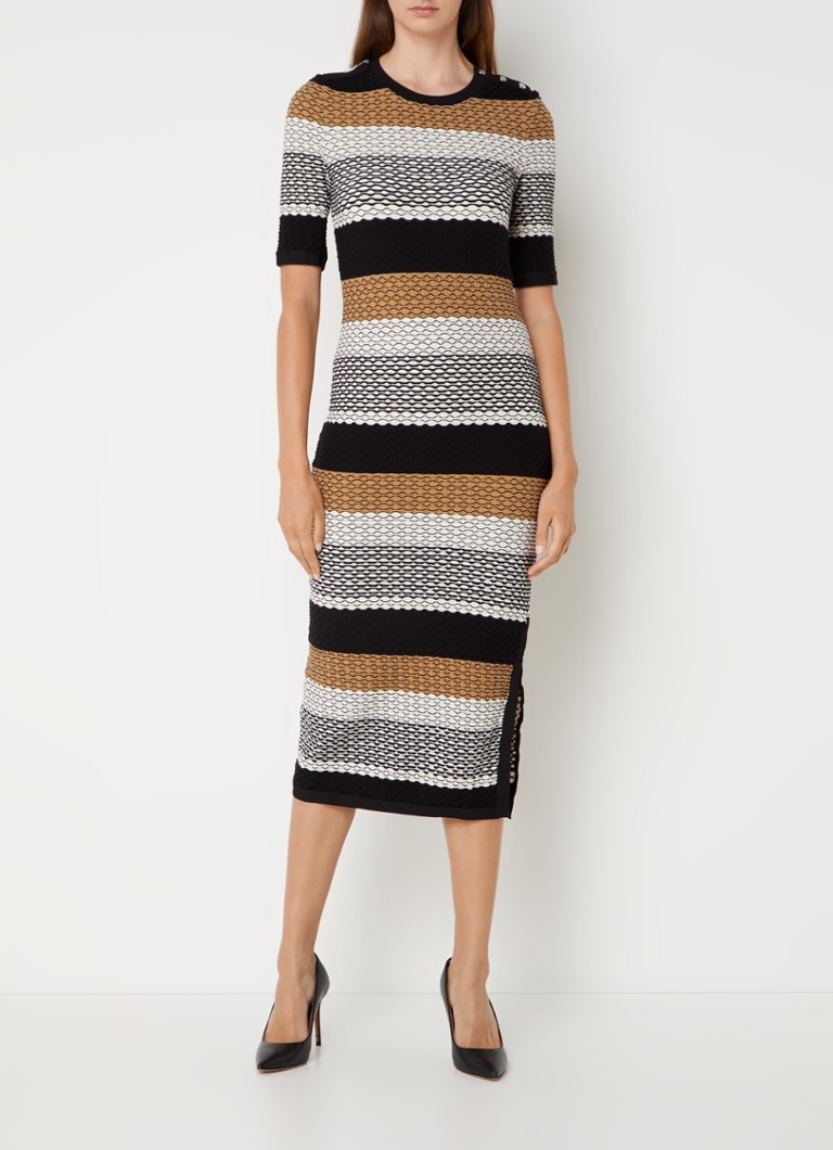 HUGO BOSS Etenah midi jurk met streepprint en structuur • Donkerbeige ...