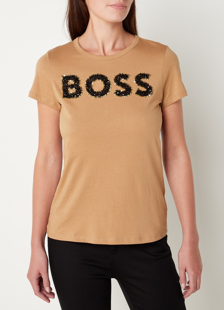 HUGO BOSS Eventsa T-shirt met logo en pailletten • Beige • de Bijenkorf