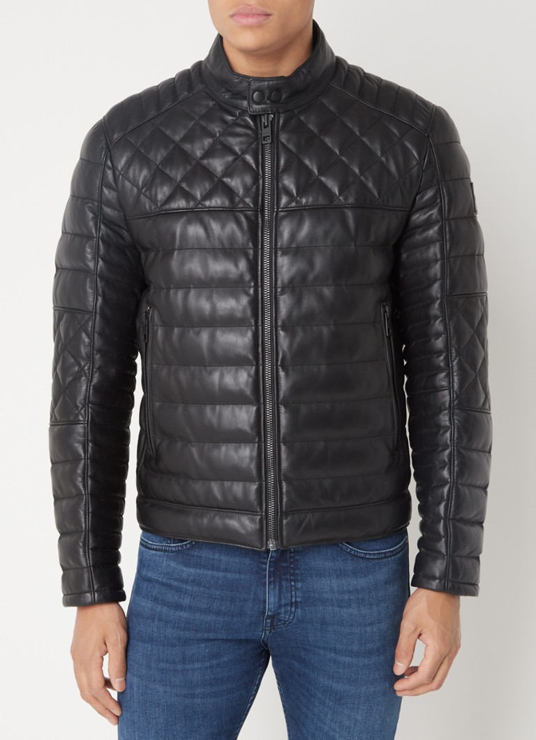 HUGO BOSS Jonn quilted bikerjack van lamsleer met ritszakken • Zwart ...