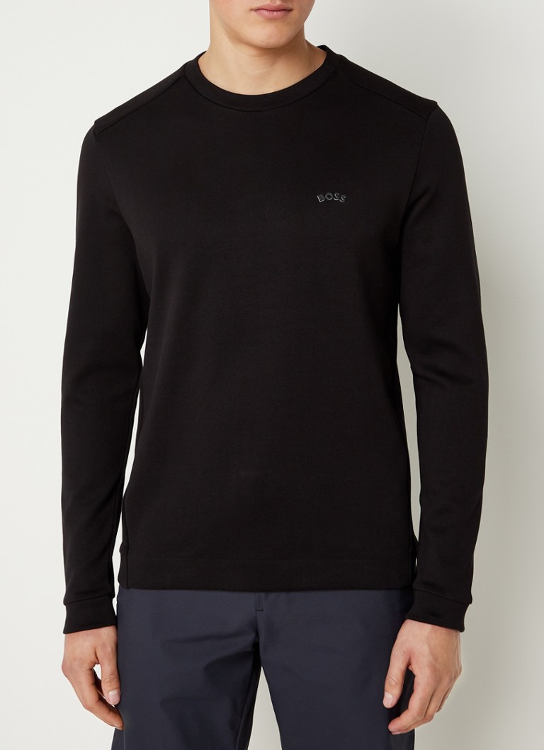 HUGO BOSS Salbo Curved sweater met piqué geweven achterpand • Zwart ...